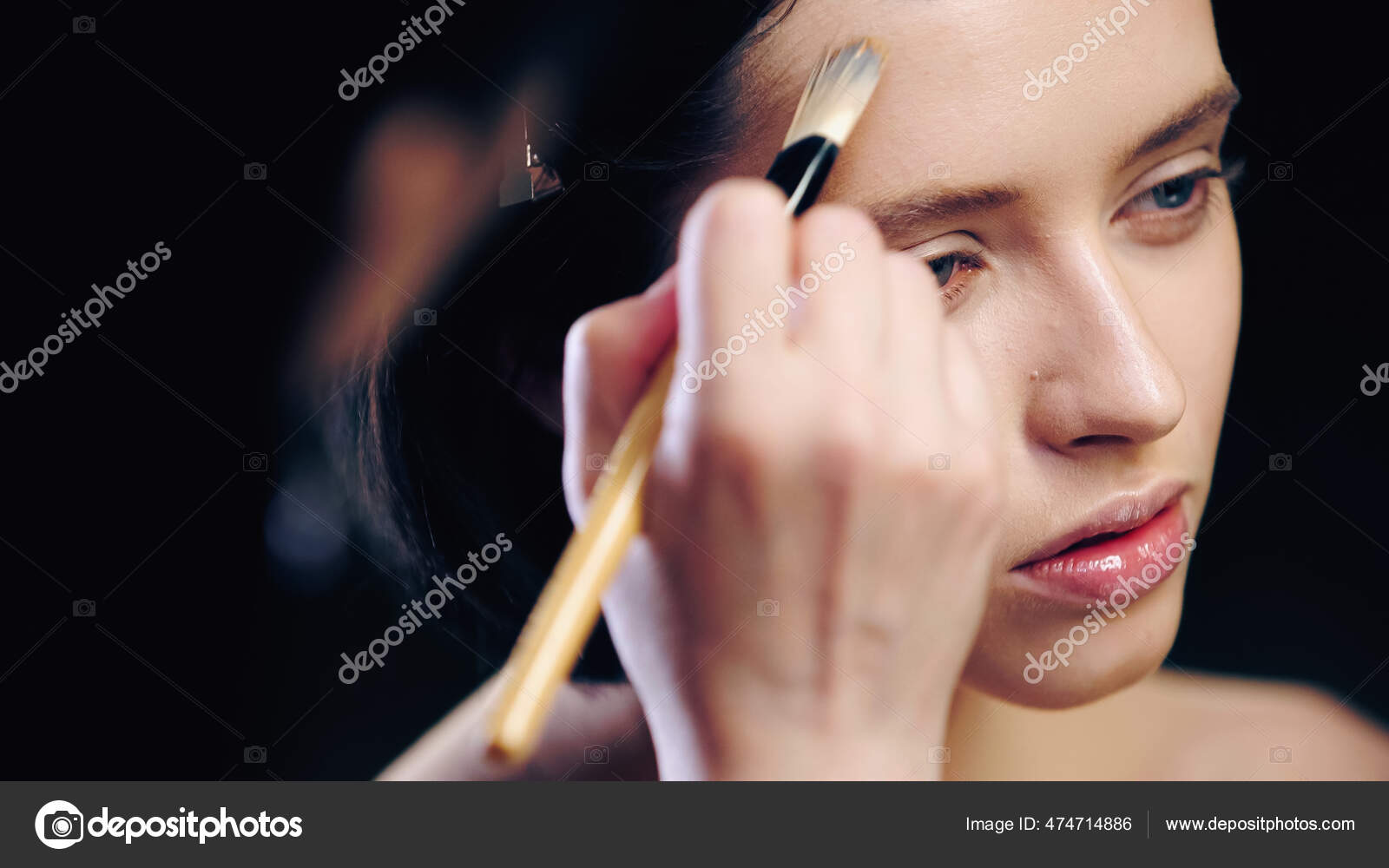 Blurred Makeup Artist Doing Contouring Face Young Woman Cosmetic Brush ...