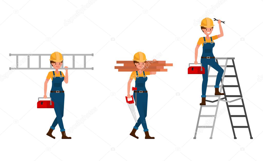 Mujer Constructora Joven Azul Uniforme Diseño Caracteres Vectoriales
