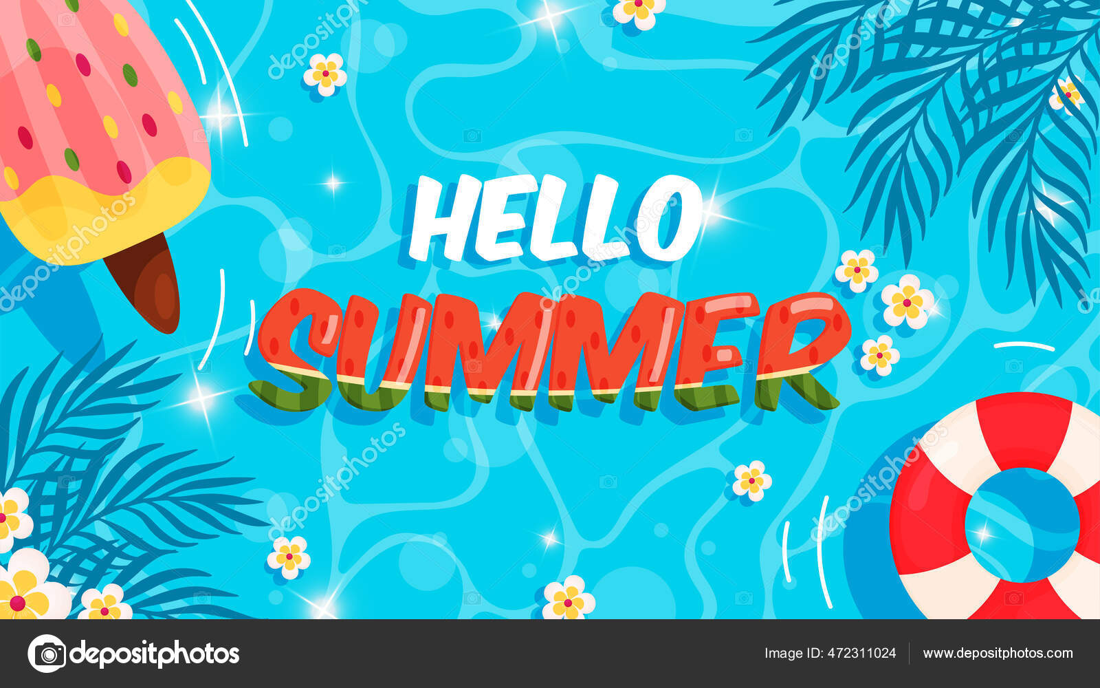 Hello Summer Pool Background Watermelon Style Lettering Vector ...