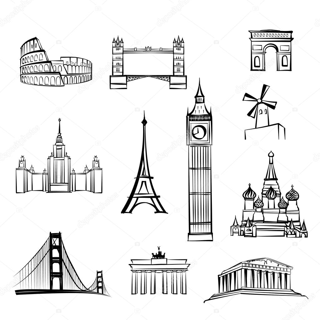 Landmark Drawn Hand Landmarks Vector Vectors Wonders Famous Buildings ...
