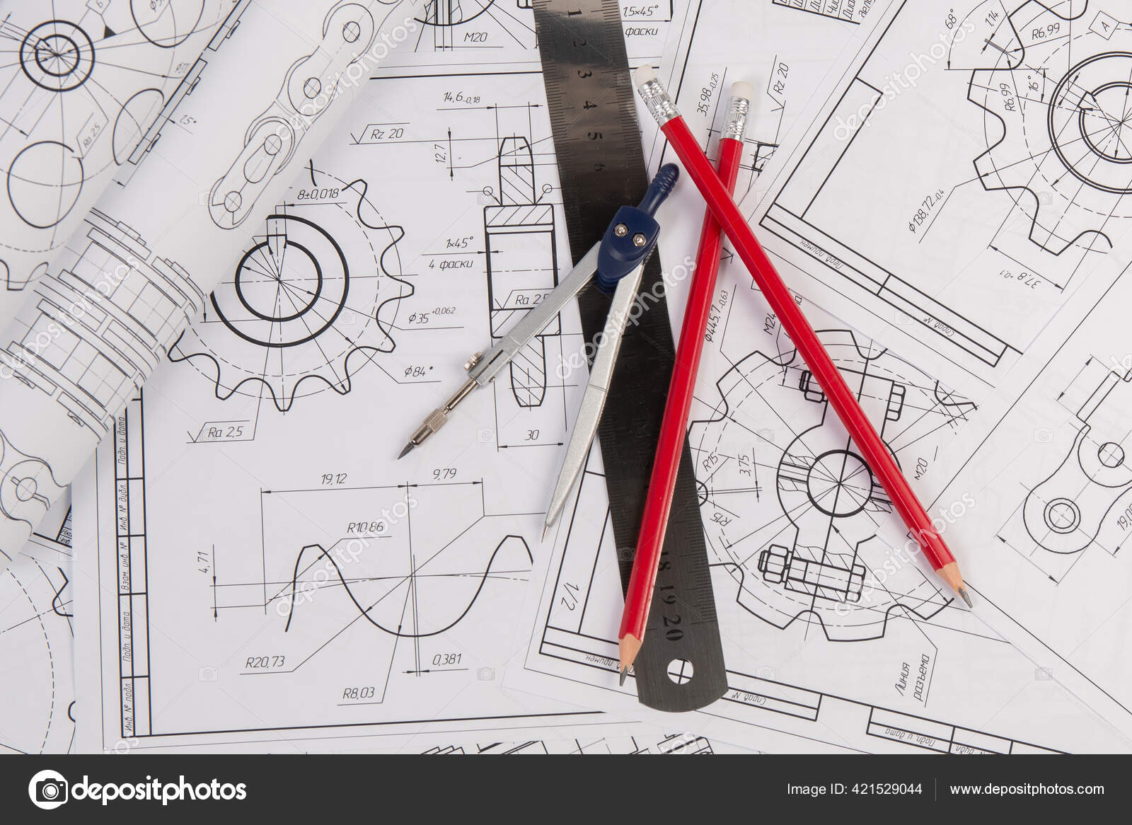 Industrial Chain Drawings Engineering Compass Ruler Pencils — Stock ...