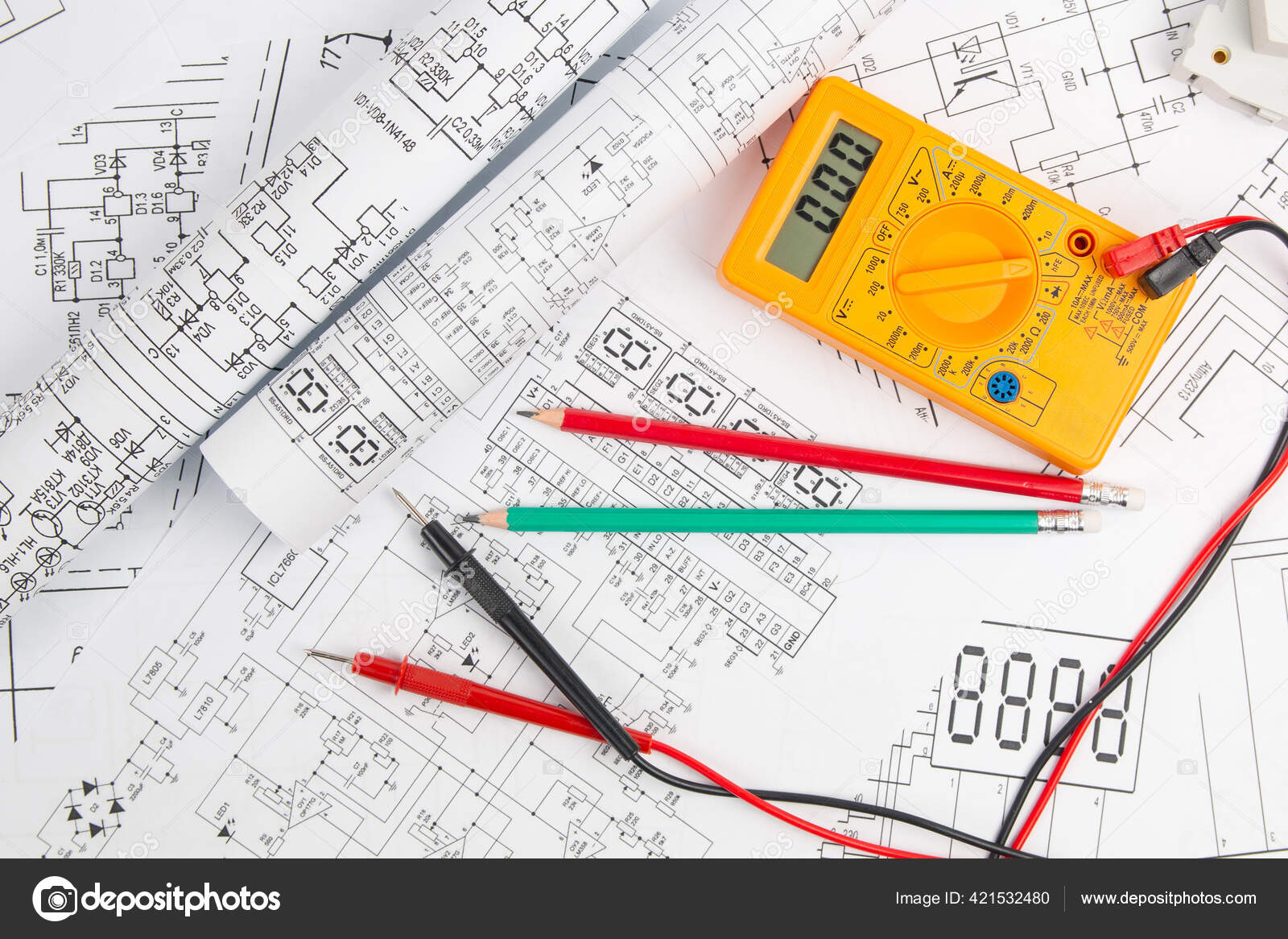 Digital Multimeter Pencils Paper Electrical Engineering Drawings ...