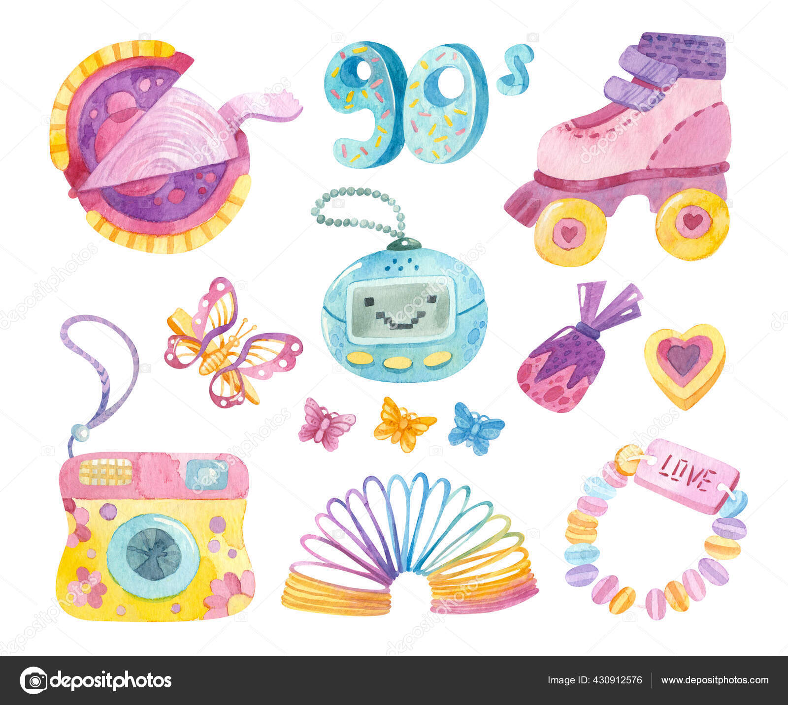 Back 90S Retro Toys Roller Skates Chewing Gum Camera Sweets Stock ...