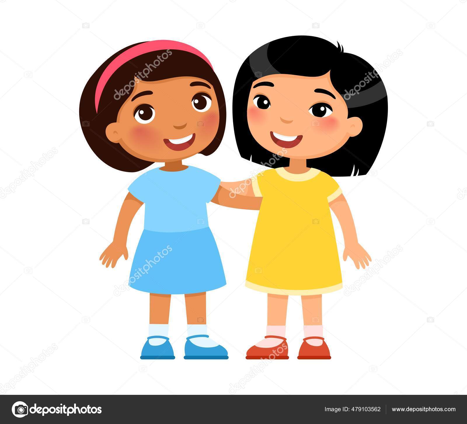 Dos Niñas Multirraciales Abrazándose Personajes Dibujos Animados Niños ...