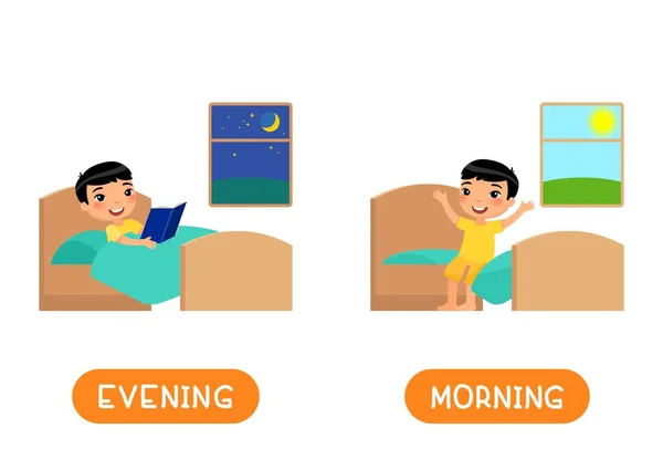 Evening and morning antonyms word card, opposites concept. Flashcard ...