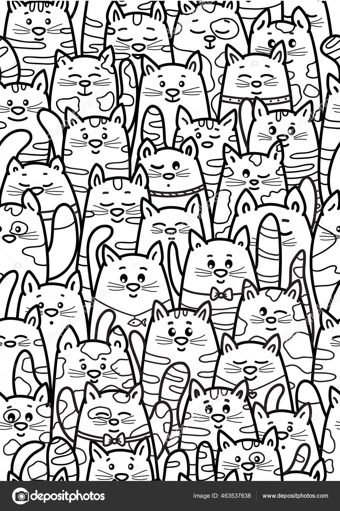 Vector Cute Cats Cartoons Coloring Page Seamless Pattern Cats Cartoons ...