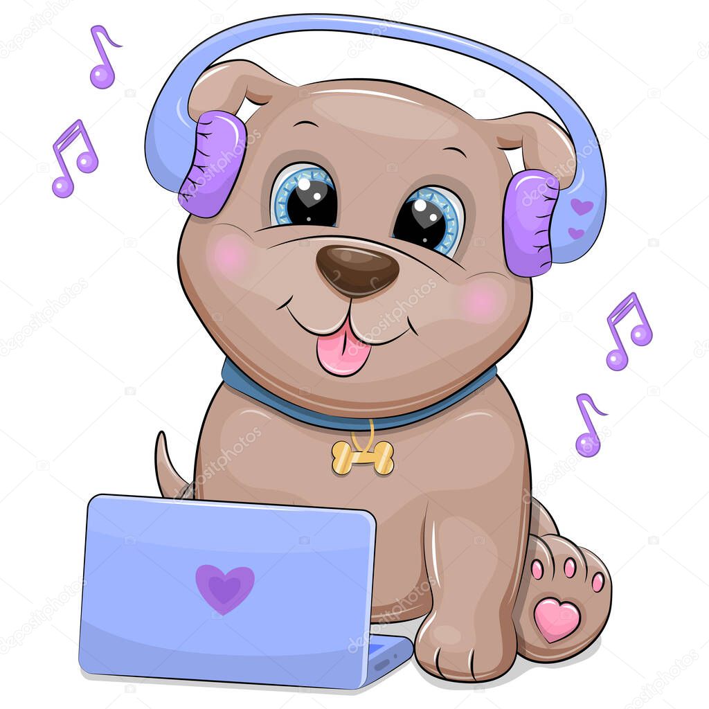Lindo cachorro de dibujos animados con auriculares y port til escucha m sica. Ilustraci n ...