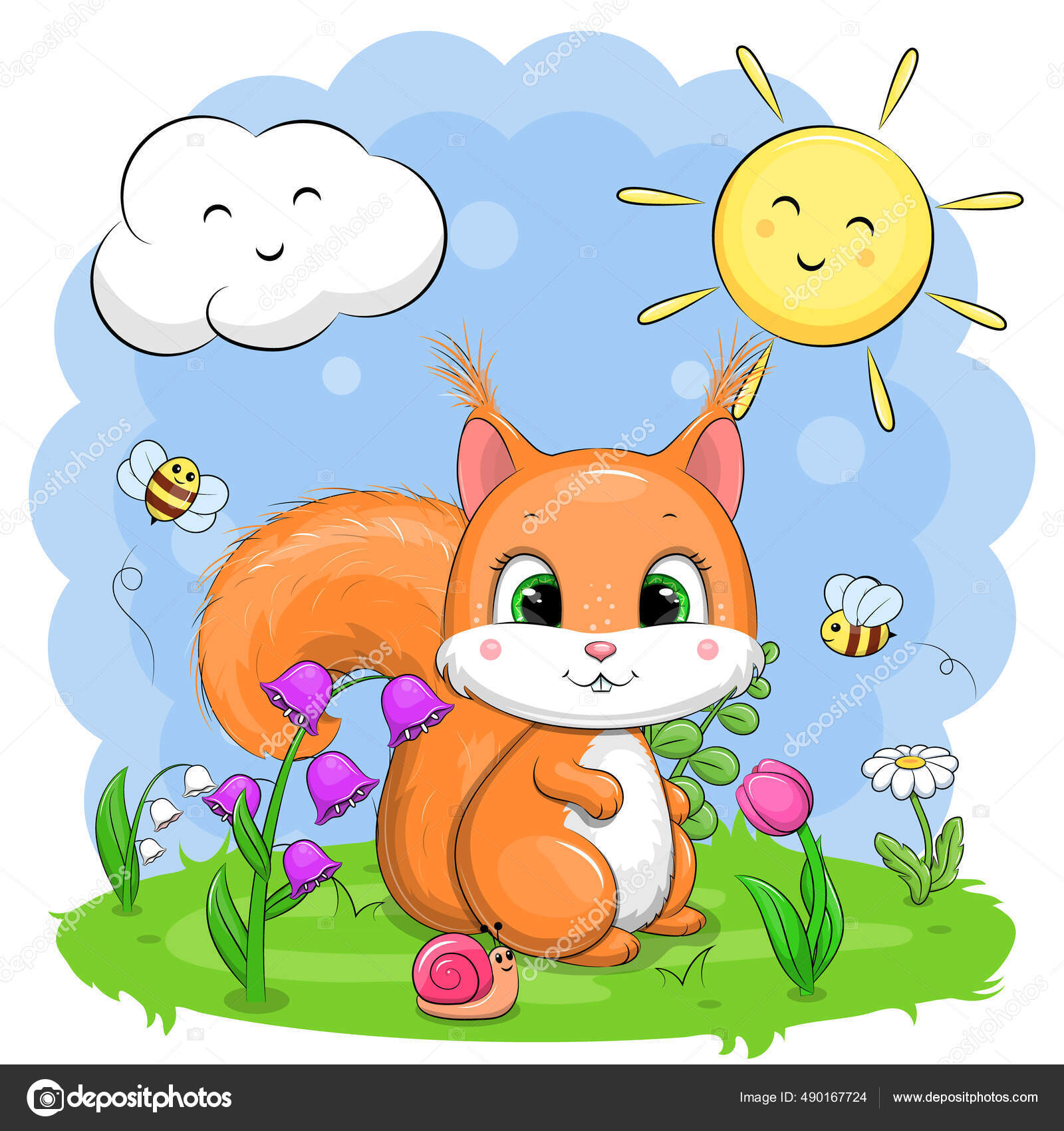 Roztomilá Kreslená Veverka Přírodě Vektorová Ilustrace Zvířetem Stock ...