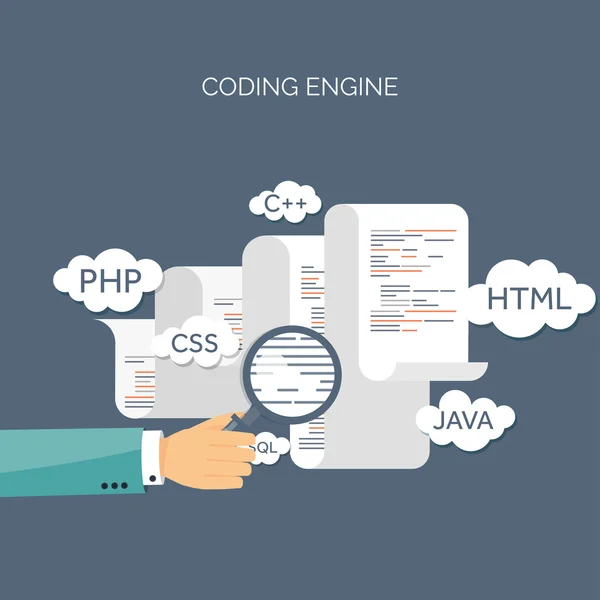 Vector illustration. Flat computing background. Programming,coding. Web development and search ...