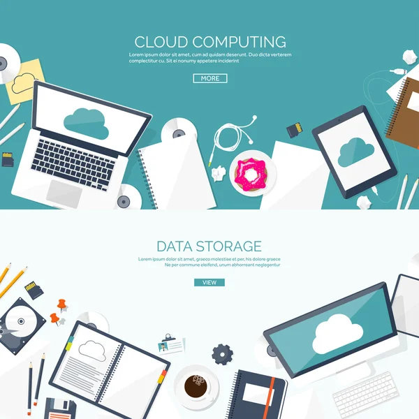 Vector illustration. Workplace, table with documents, computer. Flat cloud computing background ...