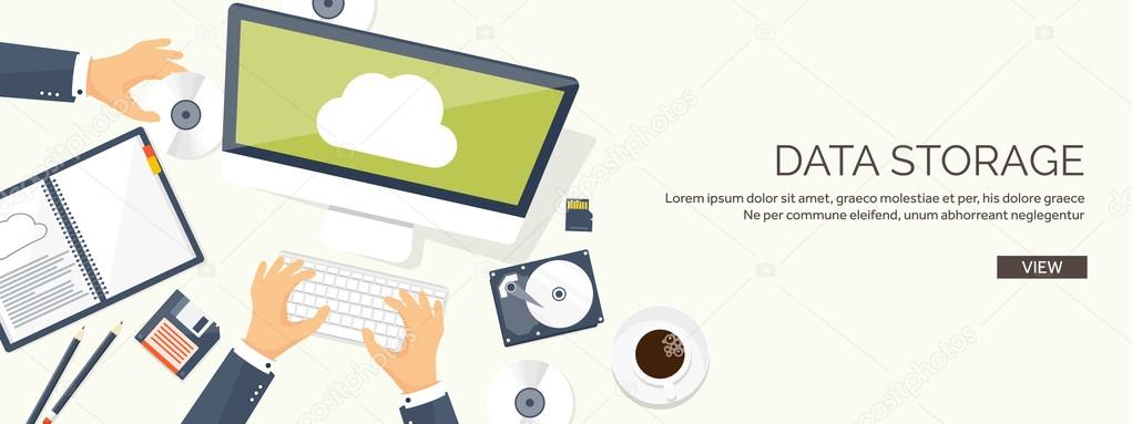 Vector illustration. Workplace, table with documents, computer. Flat cloud computing background ...