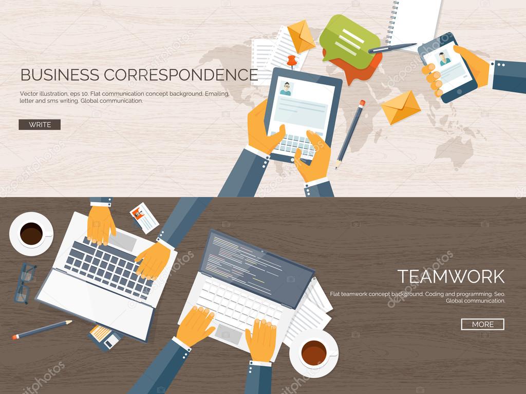 Flat vector illustration backgrounds set. Business correspondence ...