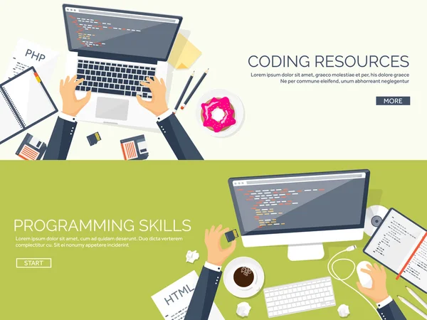 Programming,coding. Flat computing background. Code, hardware,software ...