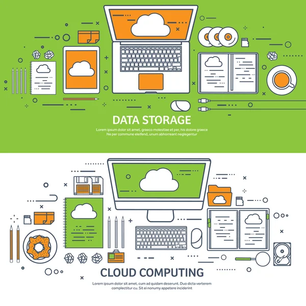 Lined, outline vector illustration. Workplace, table with documents, computer. Flat cloud ...