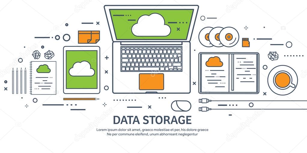 Lined, outline vector illustration. Workplace, table with documents, computer. Flat cloud ...
