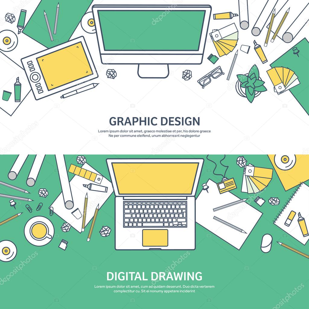 Lined, ouline flat graphic web design. Drawing and painting ...