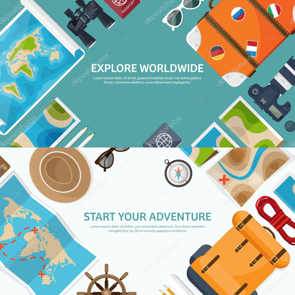 Viajes y turismo. Estilo plano. Mundo, mapa de la tierra. Globo. Viaje ...