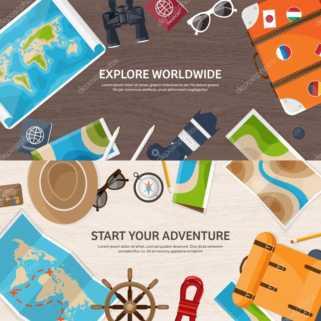 Viajes y turismo. Estilo plano. Mundo, mapa de la tierra. Globo. Viaje ...