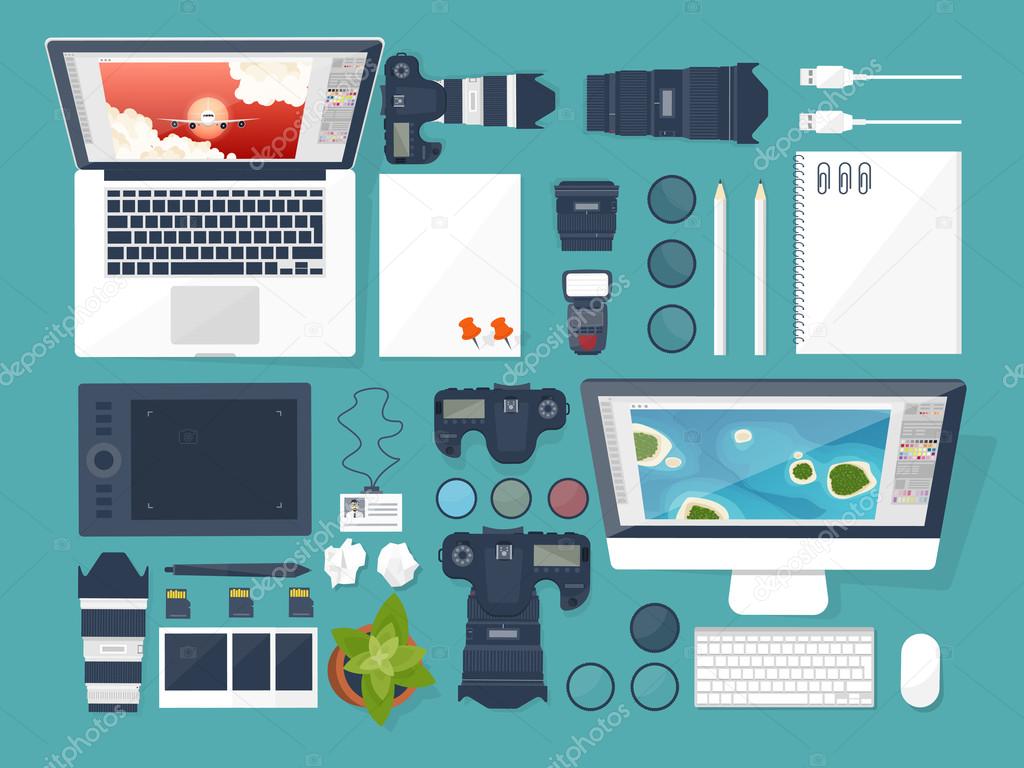 Photographer equipment on a table. Photography tools, photo editing ...