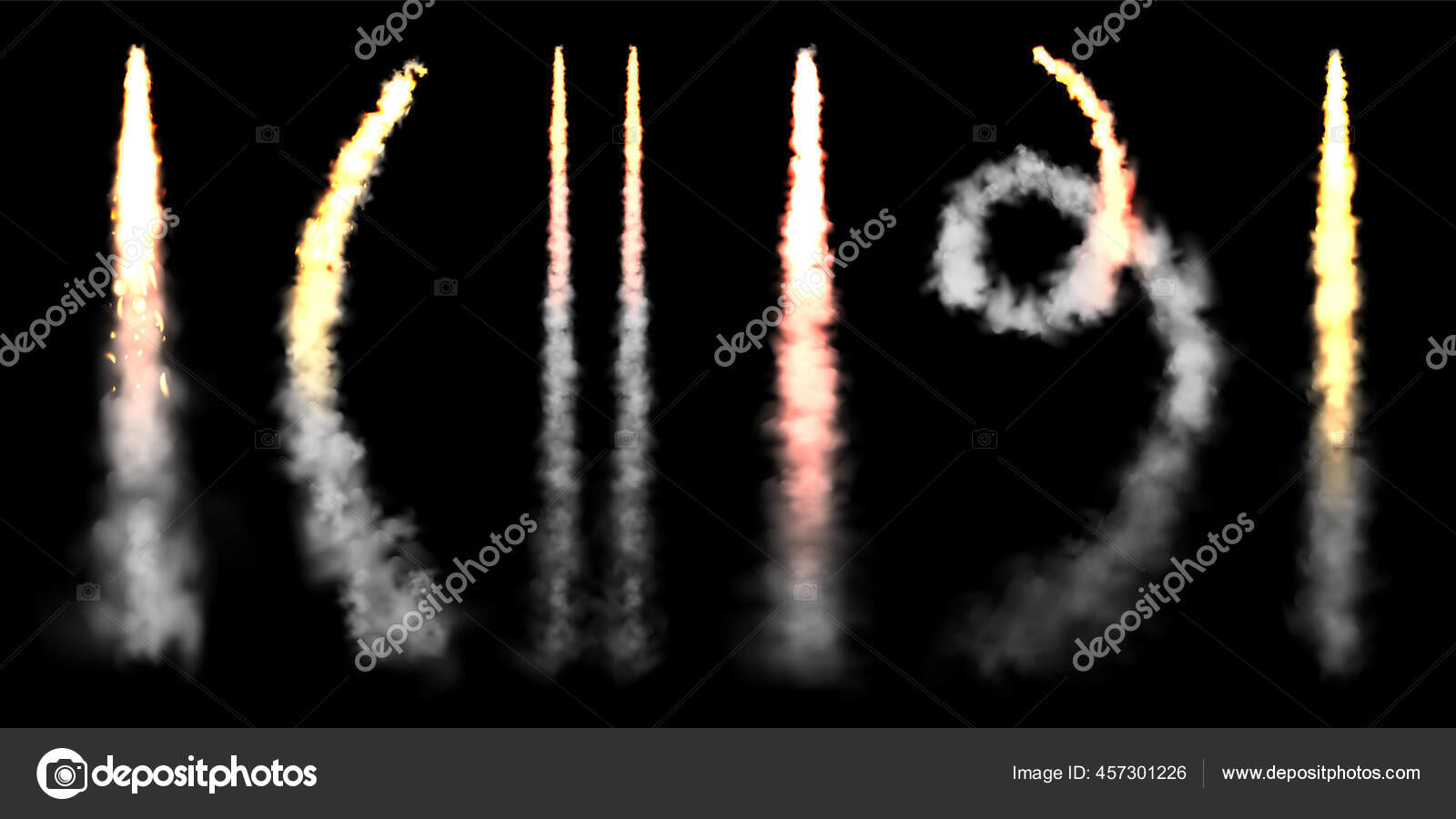 Realistic space rocket launch trails on black background. Fire burst ...