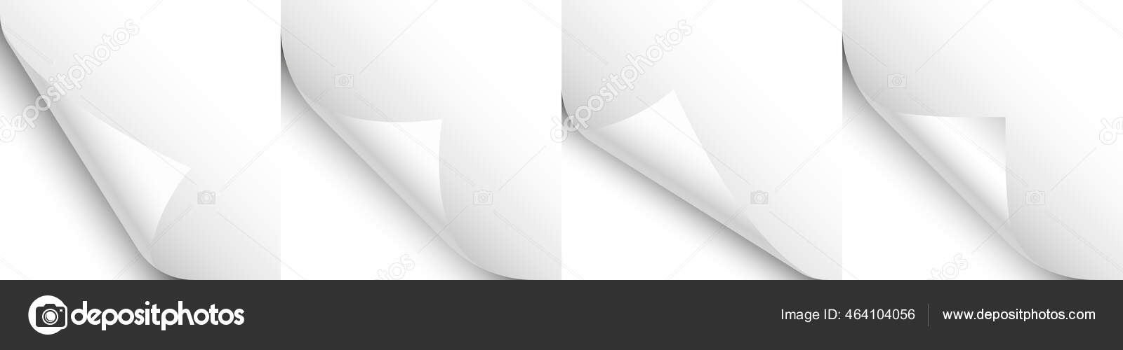 Set of white paper curls. Curled page corner with shadow. Blank sheet ...