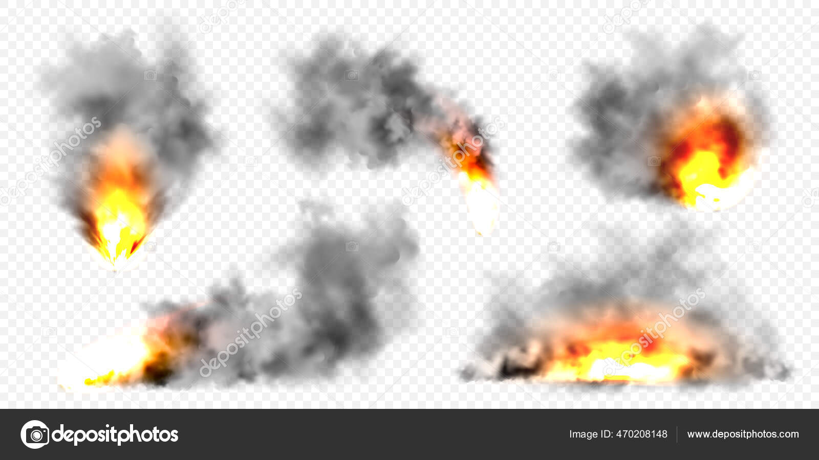 Realistic black smoke clouds and fire. Flame blast, explosion. Stream ...