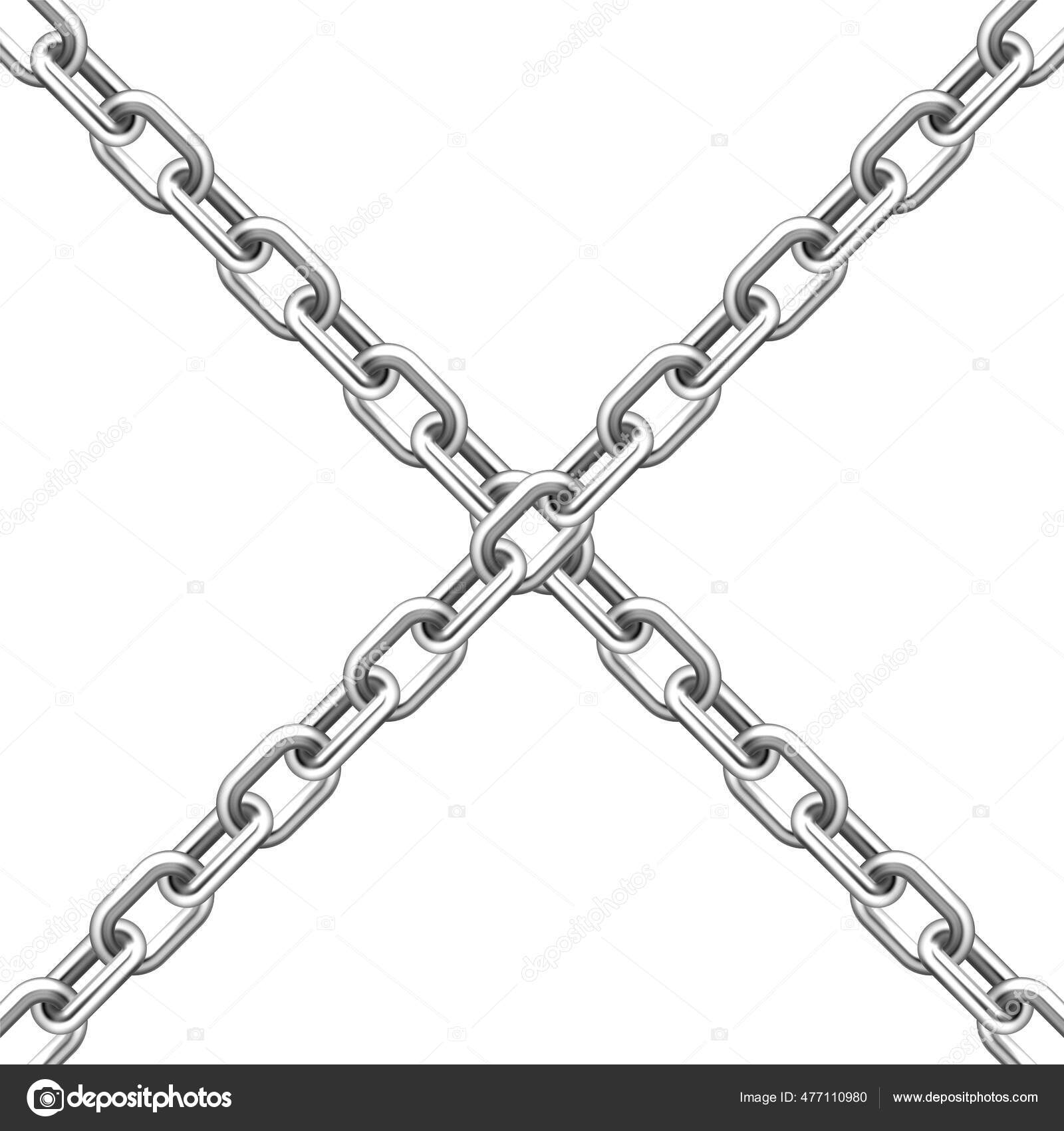 Realistic crossing metal chains with silver links isolated on white ...