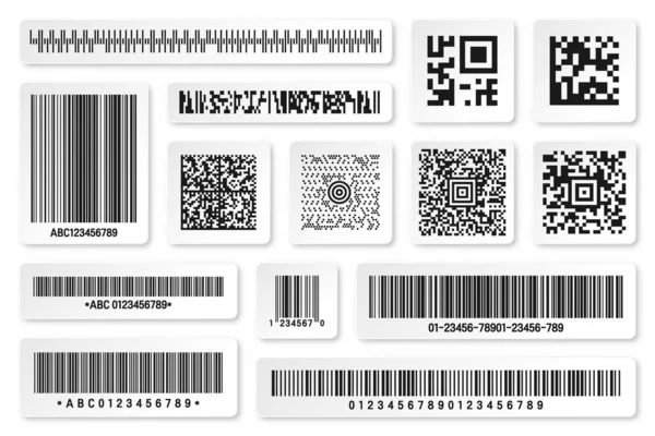 Product barcodes and QR codes with red scanning line. Identification ...