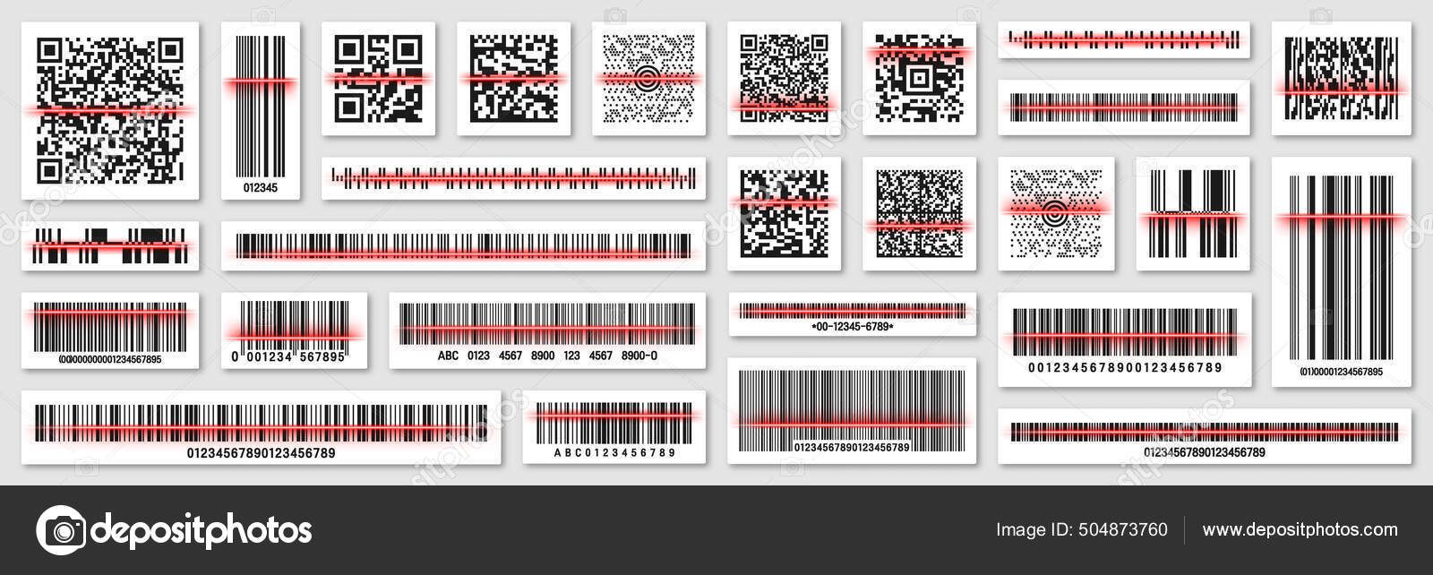 Product barcodes and QR codes with red scanning line. Identification ...