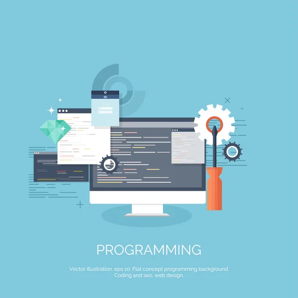 Vector illustration. Flat computing background. Programming,coding. Web development and search ...