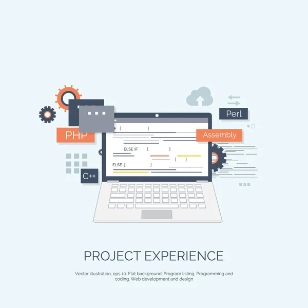 Vector illustration. Flat computing background. Programming and coding. Web development and ...