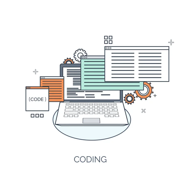 Vector illustration. Flat computing background. Programming,coding. Web development and search ...