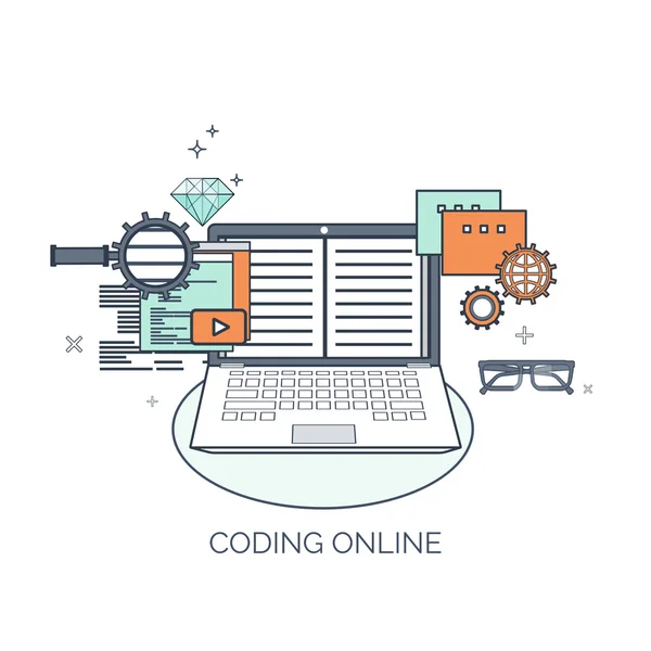 Vector illustration. Flat computing background. Programming,coding. Web development and search ...