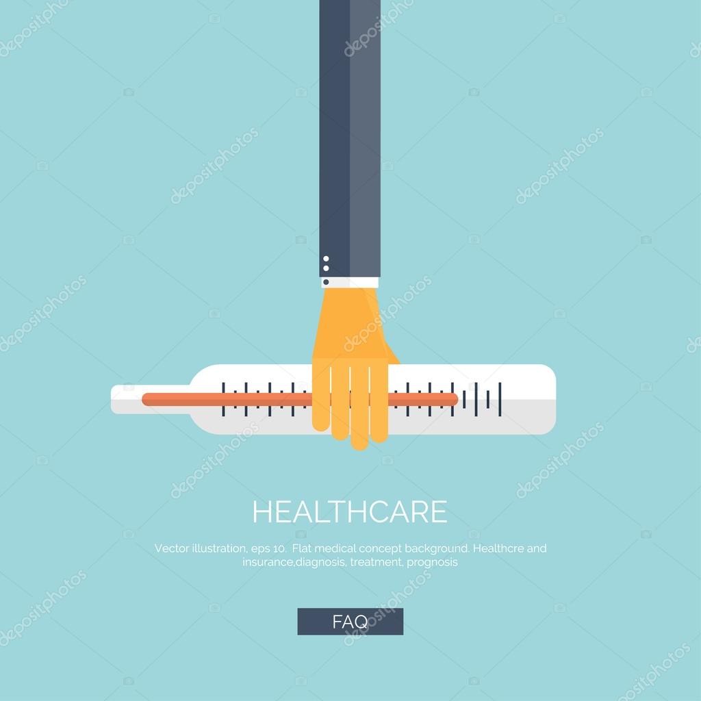 Vector illustration. Flat background with hand and medical thermometer ...