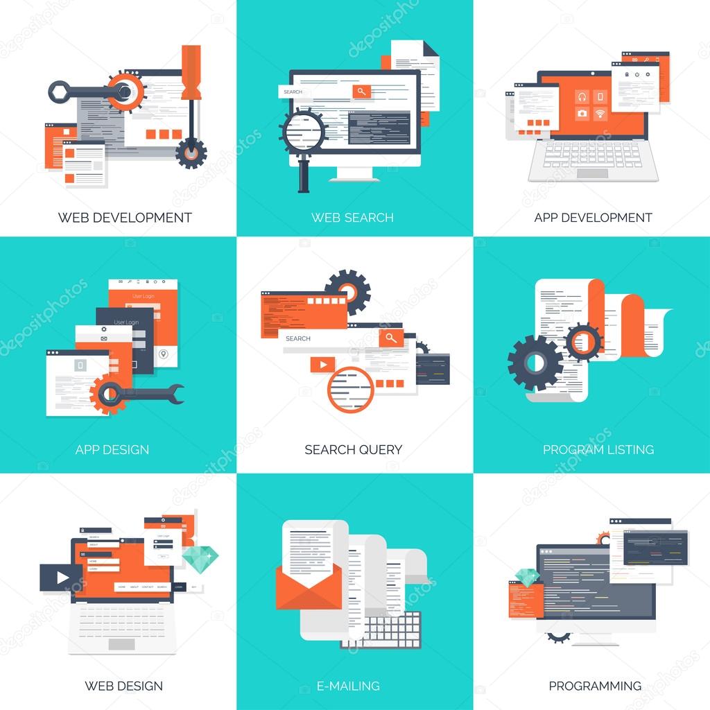 Vector illustration. Flat computing background. Programming,coding. Web development and search ...