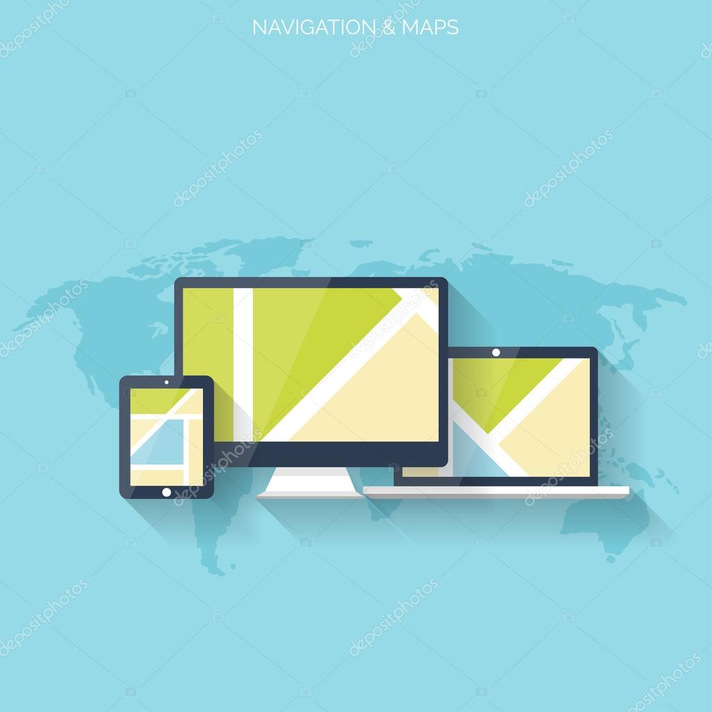 Flat navigation background with maps and digital devices. Travel ...