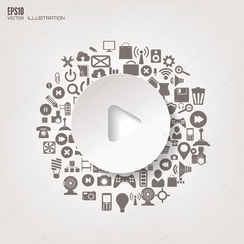 Play button icon. Flat abstract background with web icons. Interface ...