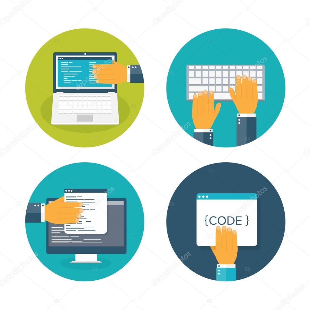 Vector illustration. Flat computing background. Programming and coding ...