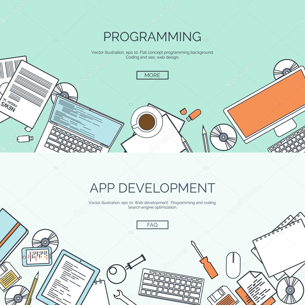 Vector illustration. Flat backgrounds set. Programming and coding ...