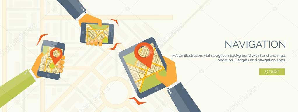 Vector illustration. Flat header. Navigation and travelling. Map ...