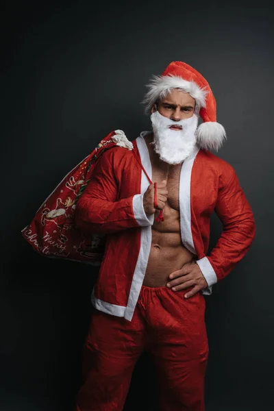 Shirtless Muscular Man Santa Claus Costume Spread Arms Studio Emotional ...