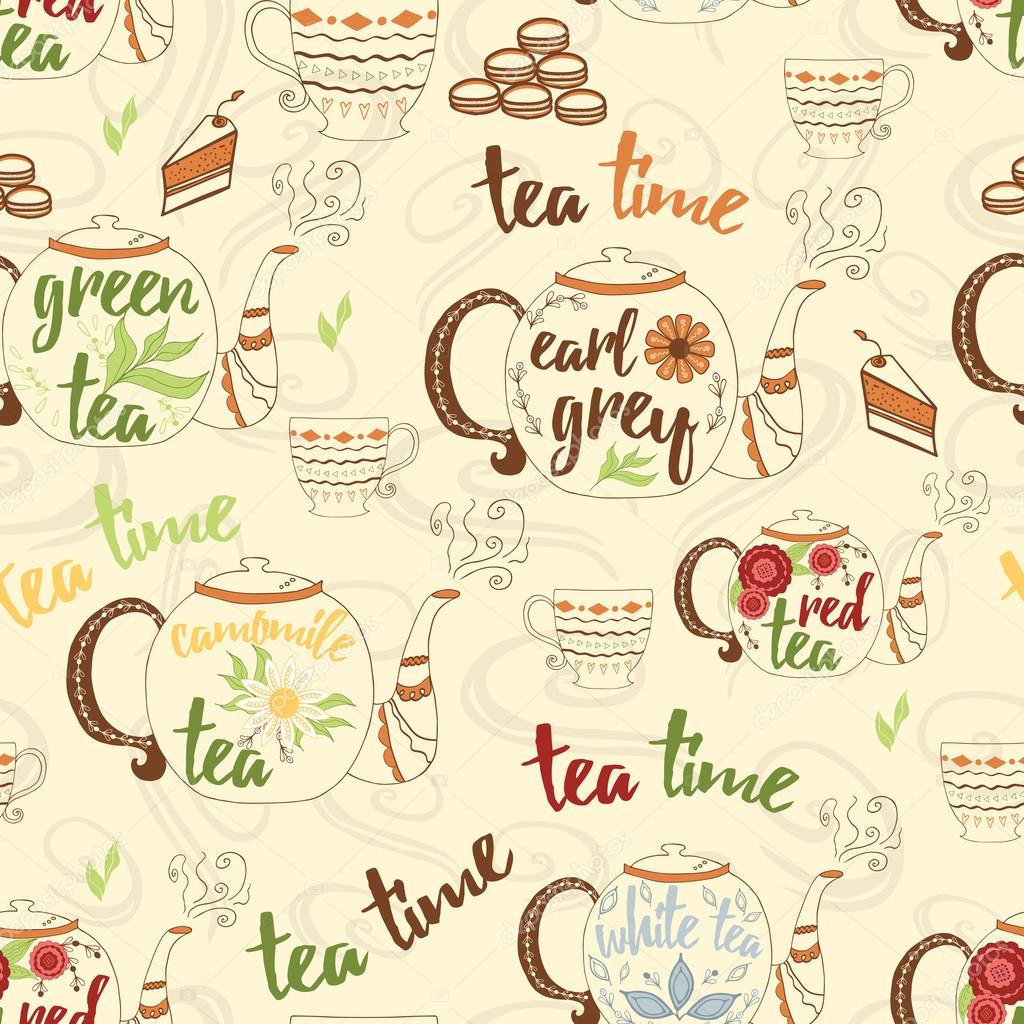 Bright hand drawing seamless texture with cute teapots, cups, cake ...