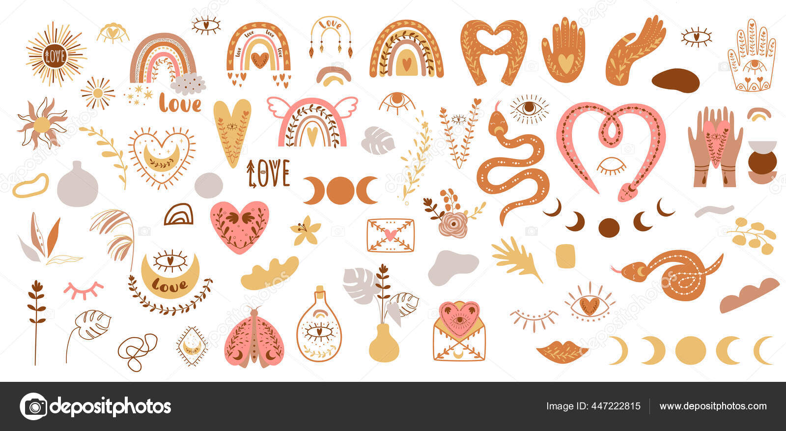 Boho element collection. Boho set. Boho clipart. Hand drawn boho plants ...