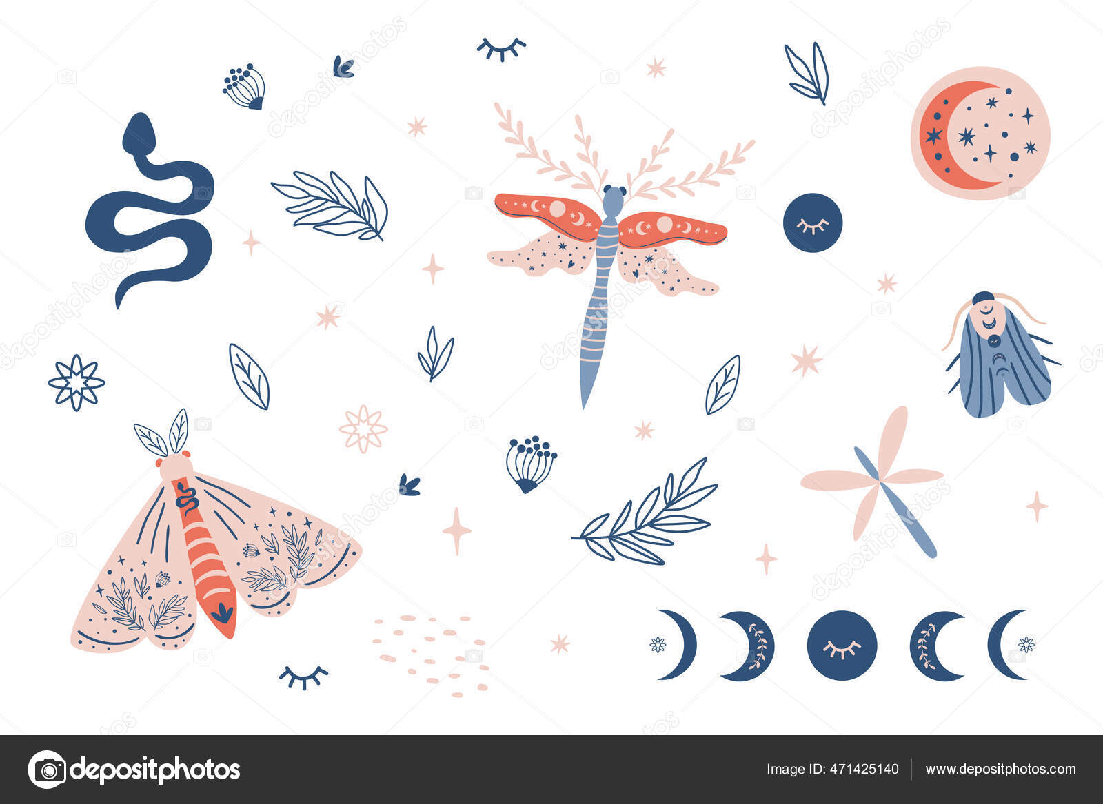 Moon Moth Clipart Celestial Butterfly Moth Moon Phases Kids Set Stock ...