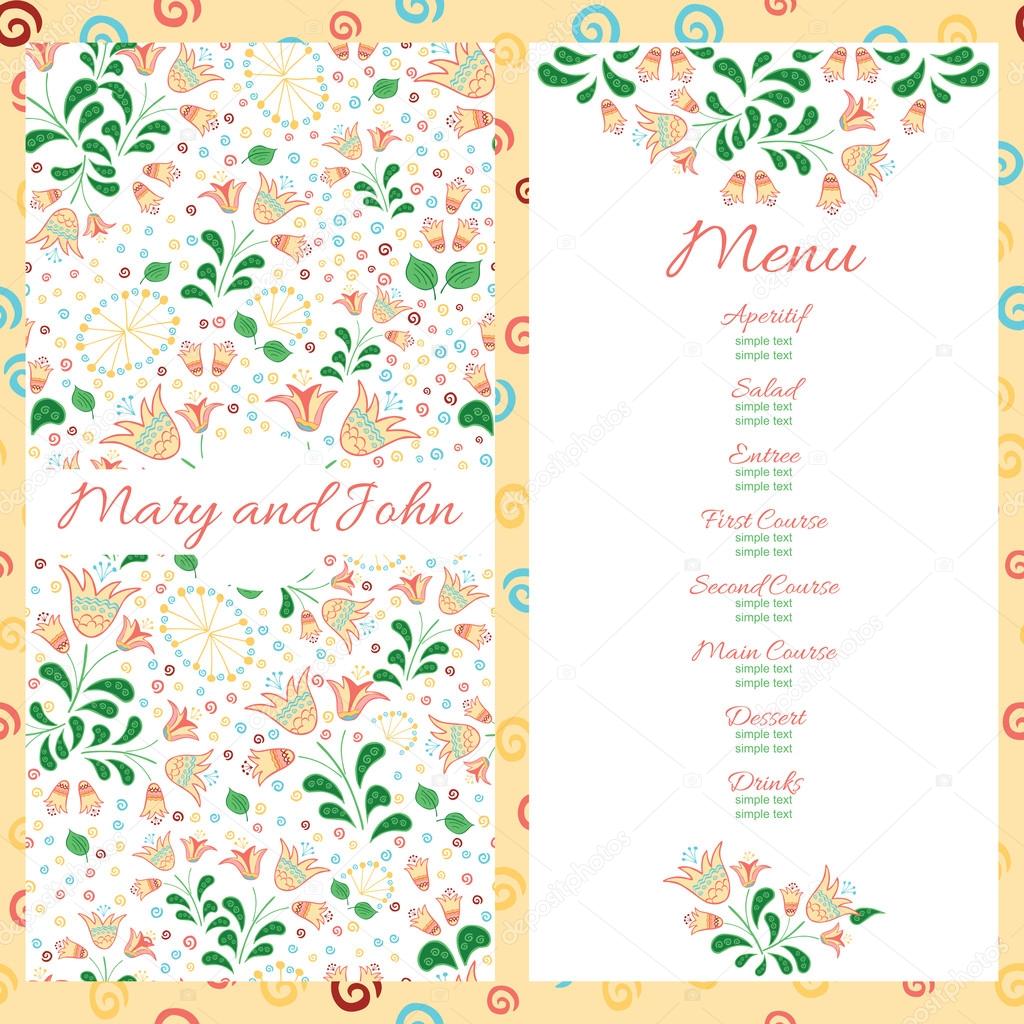 Wedding menu design with hand drawn flowers. Bright design for ...