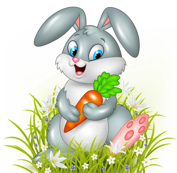 Little bunny holding carrot on grass background Stock Vector Image by ...