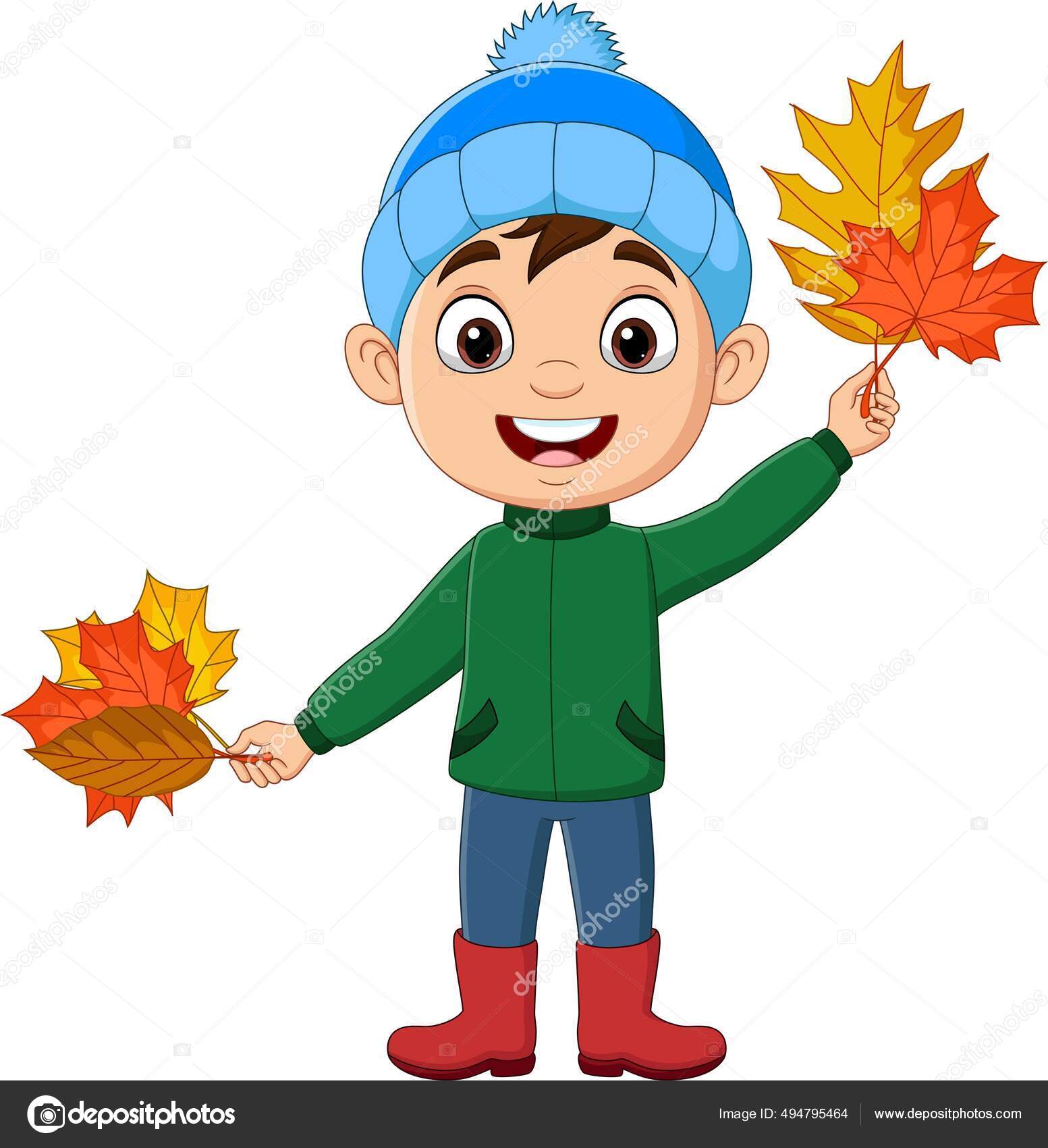 Vector Illustration Cartoon Little Boy Autumn Leaves Stock Vector by ...