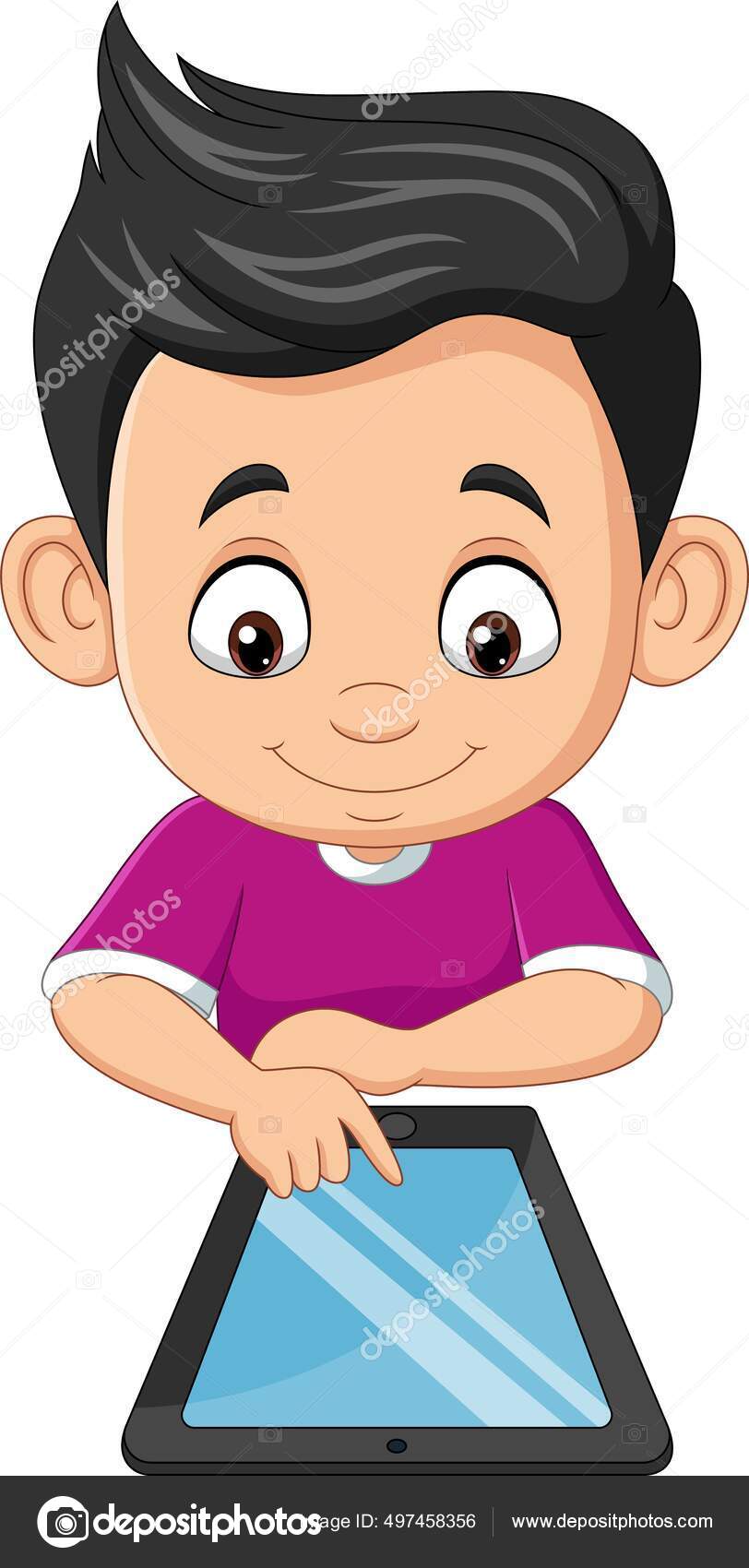 Ilustración Vectorial Dibujos Animados Niño Feliz Usando Tableta Vector ...