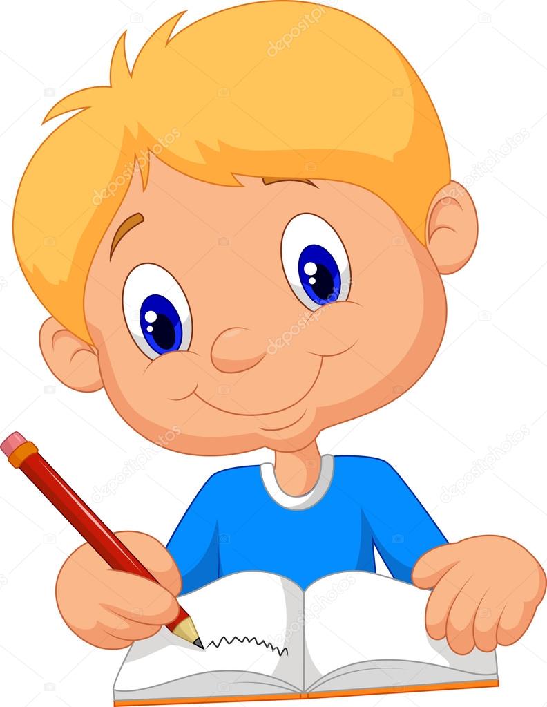 Dibujos animados niño feliz escribiendo en un libro — Vector de stock ...