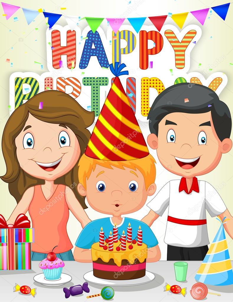 Dessin animé heureux garçon, souffler les bougies d'anniversaire avec ...